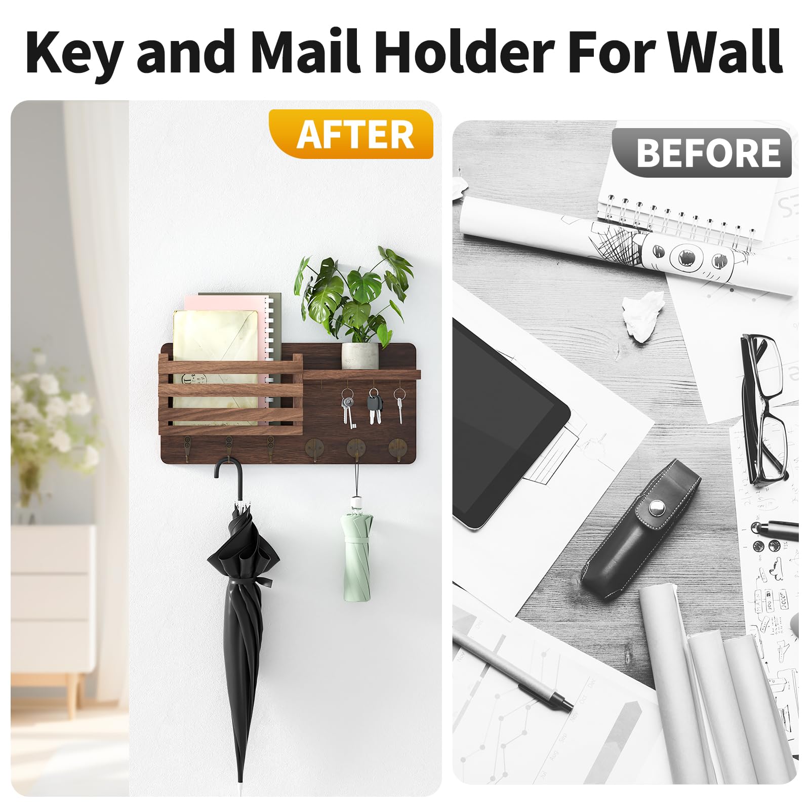 Key Holder Wall Mount, Key and Mail Holder for Wall, Easy Installation Key Holder Shelf Suitable for Entryway, Hallway, House and Living Room