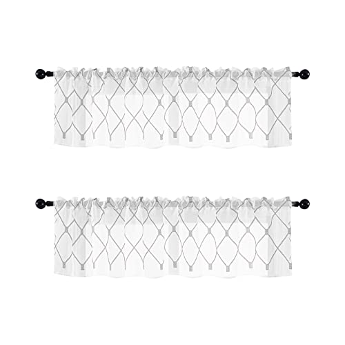 Top Finel White Kitchen Sheer Curtains Valances 18 Inch Length Embroidered Rod Pocket Small Window Curtains for Basement Bathroom, Set of 2