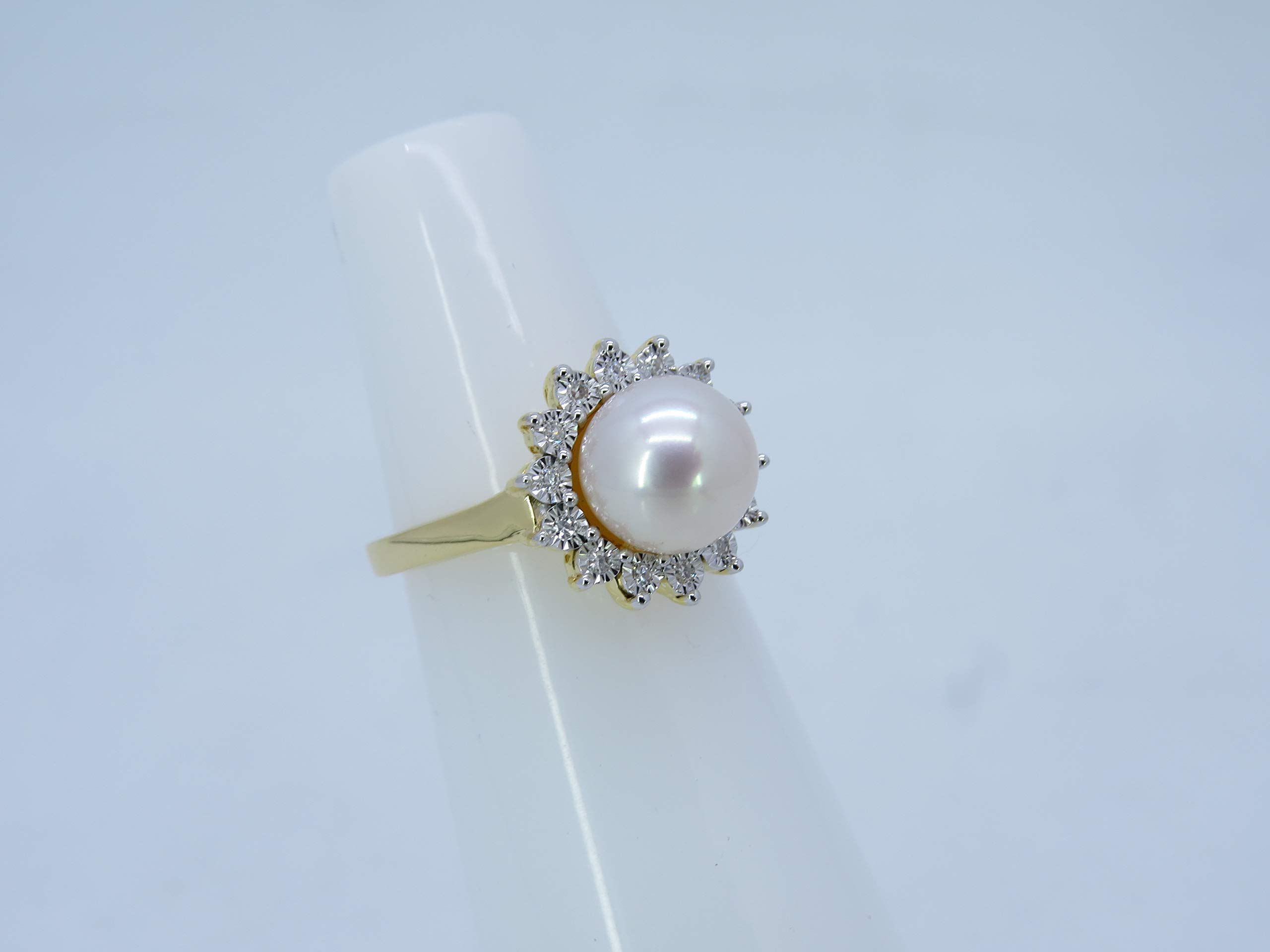 Dazzlingrock Collection 8 MM Round White Freshwater Pearl & White Diamond Illusion Engagement Ring for Women in 10K Yellow Gold, Size 6