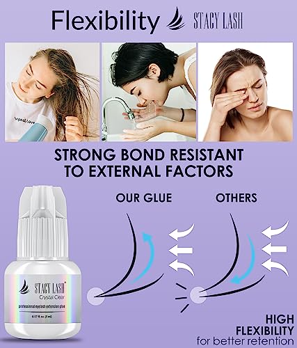 Crystal Clear Eyelash Extension Glue Stacy Lash (0.17fl.oz/5ml)/1 Sec Drying Time/Retention β 8 Weeks/Transparent Adhesive/Professional Supplies
