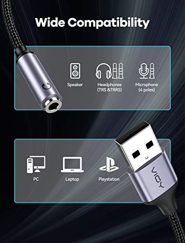 USB to 3.5 mm Jack Audio Adapter, External Sound Cards to Headphone Jack Aux Adapter Available for TRS or TRRS Plug Headphones, PS4/PS5/PC/Laptop-Purple Gray/9.8 inches