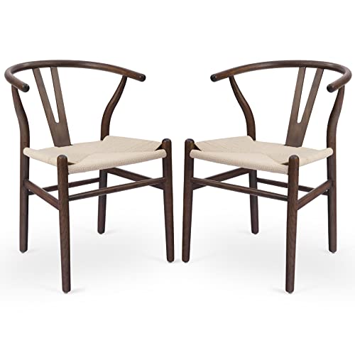 LETRA Wishbone Chairs Set of 2, Ash Wood Wishbone Dining Chair with Y Backrests Woven Paper Cord Seats, Mid Century Modern Chairs for Dining Room Fully-Assembled, Wooden Dining Chairs, Walnut