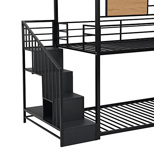Twin Over Twin Low Bunk Bed with Slide and Stairs House Bunk Bed Metal Frame with Storage Shelves for Kids Boys Girls Teens, Black