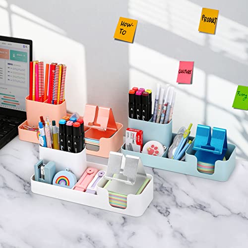 LETURE Pen Holder for Desk, Desktop Organizer with Mobile phone holder/Pencil Holders/Sticky Note Tray/Paperclip Storage and Office Stationery Accessories Caddy for Office Home School (White)