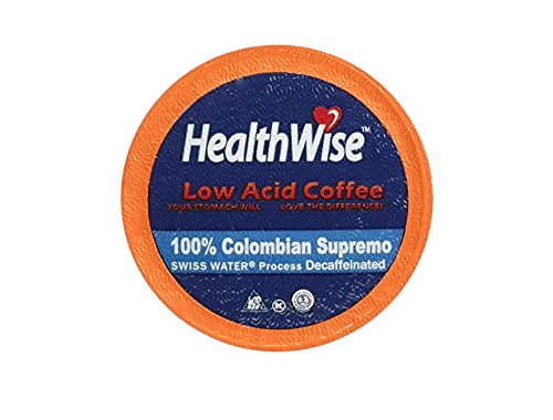 HealthWise Low Acid Swiss Water Decaffeinated Coffee for Keurig K-Cup Brewers, 100% Colombian Decaf Supremo, 12 Count