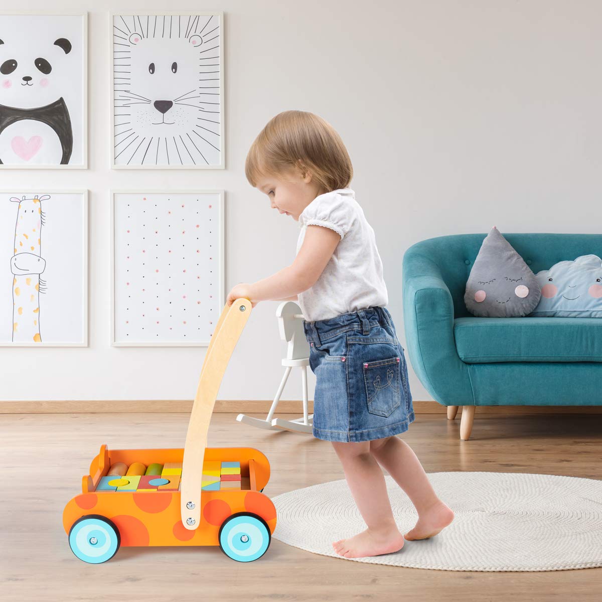 cossy Wooden Baby Learning Walker Toddler Toys for 1 Year Old and up, Fox Blocks and Roll Cart Push Toy (35 pcs) UPDATED VERSION