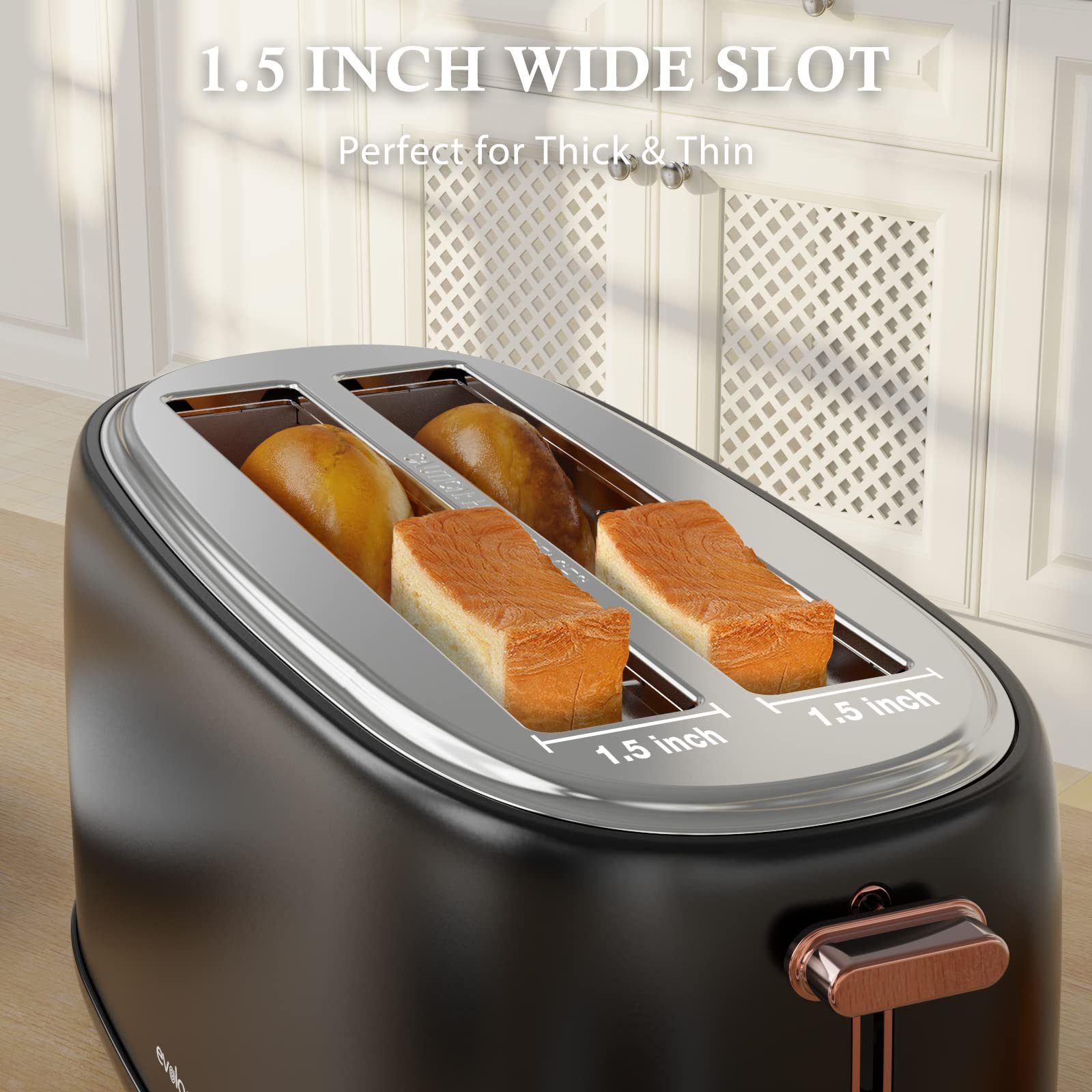 Evoloop Toaster 4 Slice, Stainless Steel Bread Toasters, 6 Bread Shade Settings, Reheat, Bagel, Defrost, Cancel Function, 1.5" Extra Wide Slots,Removable Crumb Tray(Black)