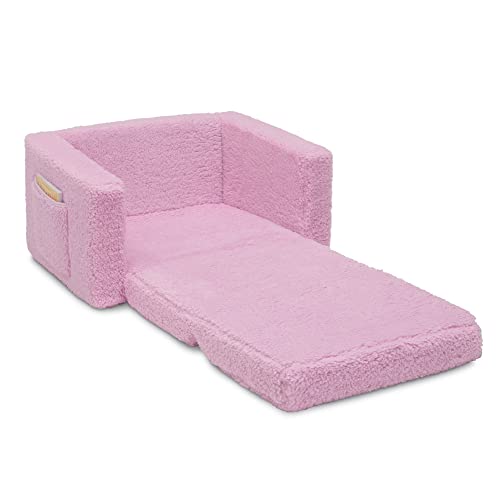 Delta Children Cozee Flip-Out Sherpa 2-in-1 Convertible Chair to Lounger for Kids, Pink