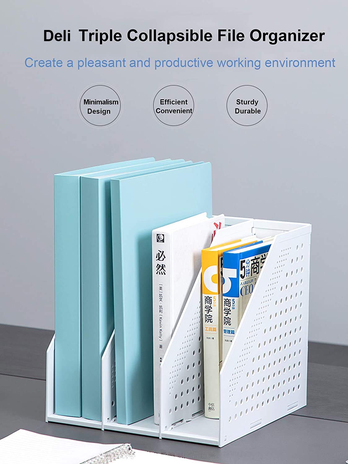 deli Collapsible Magazine File Holder/Desk Organizer for Office Organization and Storage with 3 Vertical Compartments