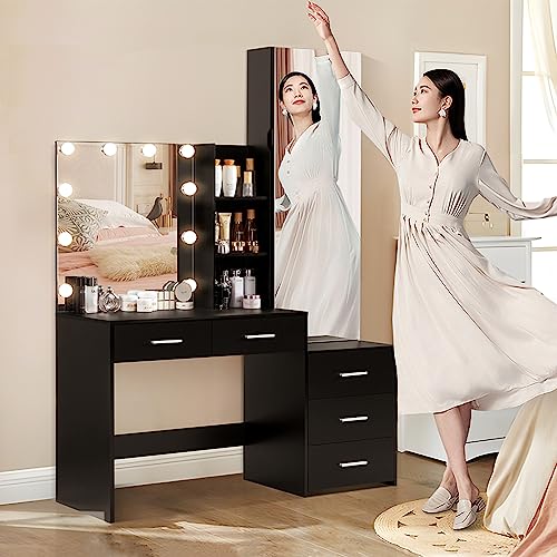 usikey 47.2" Large Vanity Desk with 10 Lights Bulbs & Full-Length Mirror, 70.9" High, Makeup Vanity with Lights and 5 Drawers, Vanity Table Set with Mirror Cabinet and 8 Storage Shelves, Black