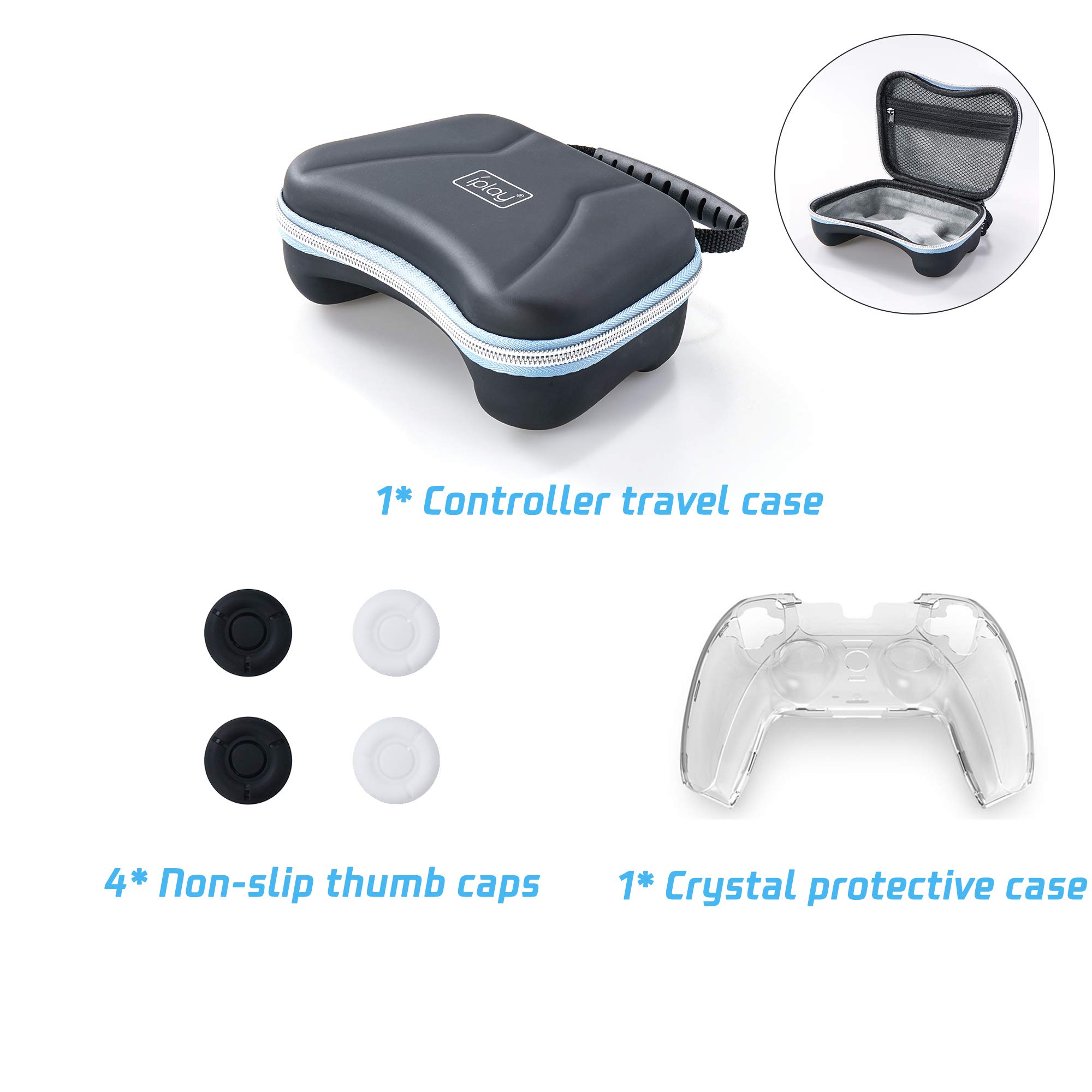 FANPL PS5 Controller Accessories Bundle, 6 in 1 Accessories Kit for PS5 Controller with Carrying Travel Hard Case, Transparent Protective Cover Case , Thumb Grip Caps