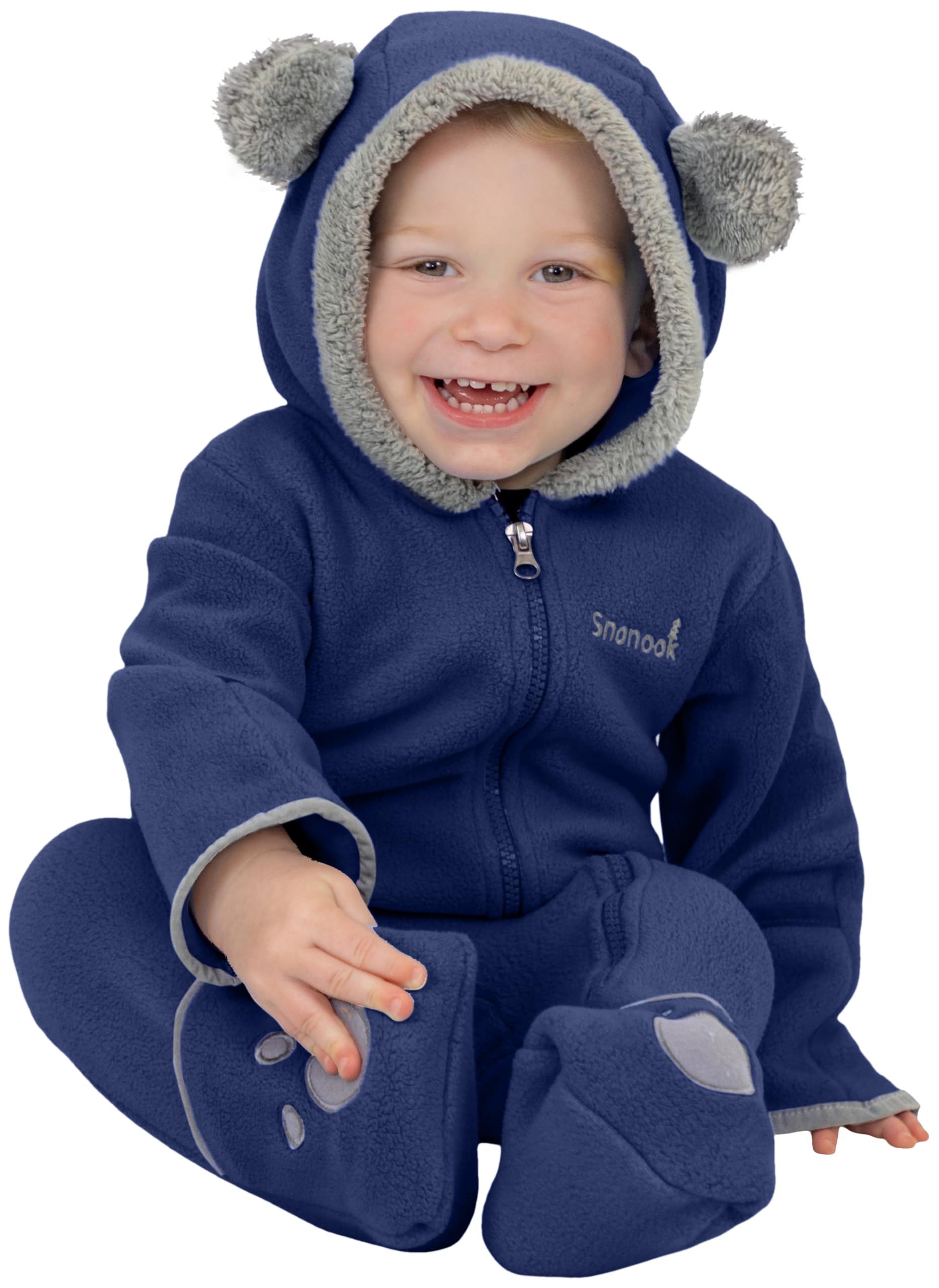 Snonook Fleece Baby Jacket - Winter Suit Bunting Bodysuit with Fold Over Mittens & Footies, Hooded & Zipper Down, Soft Cozy Warm Jumpsuit for Infants, Midnight Navy, 12/18 months