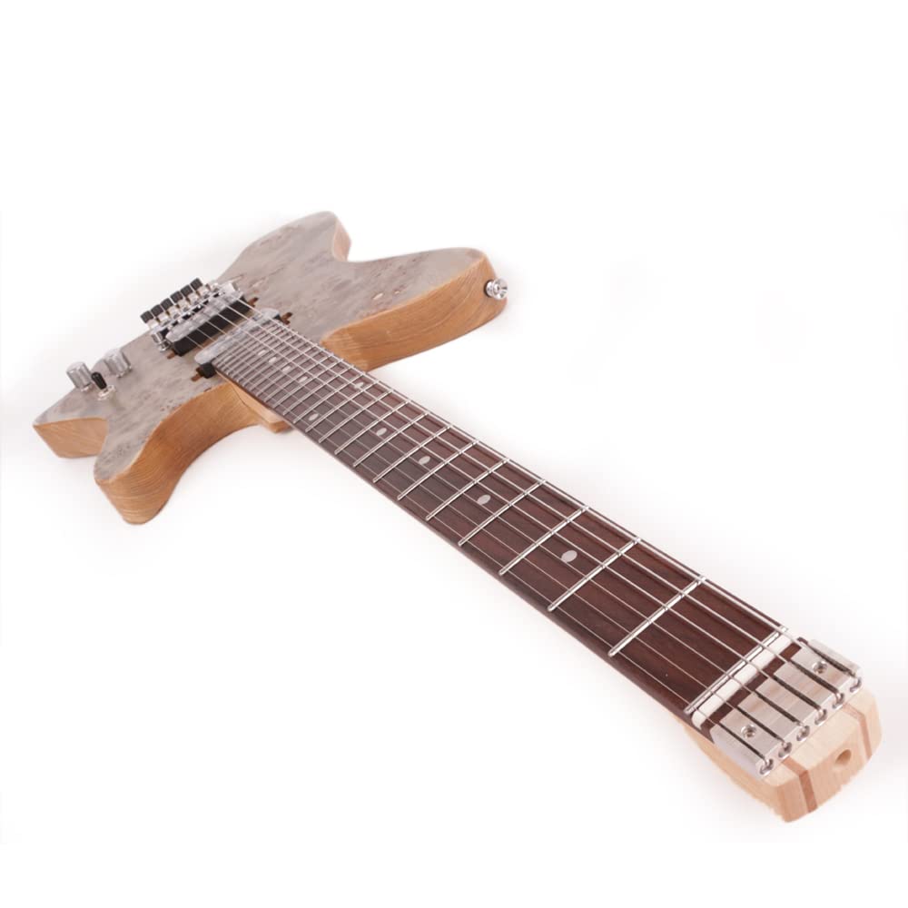 Fojill Full Scale Length Travel Portable Electric Guitars Mini Burled Maple Headless Electric Guitar (Black)