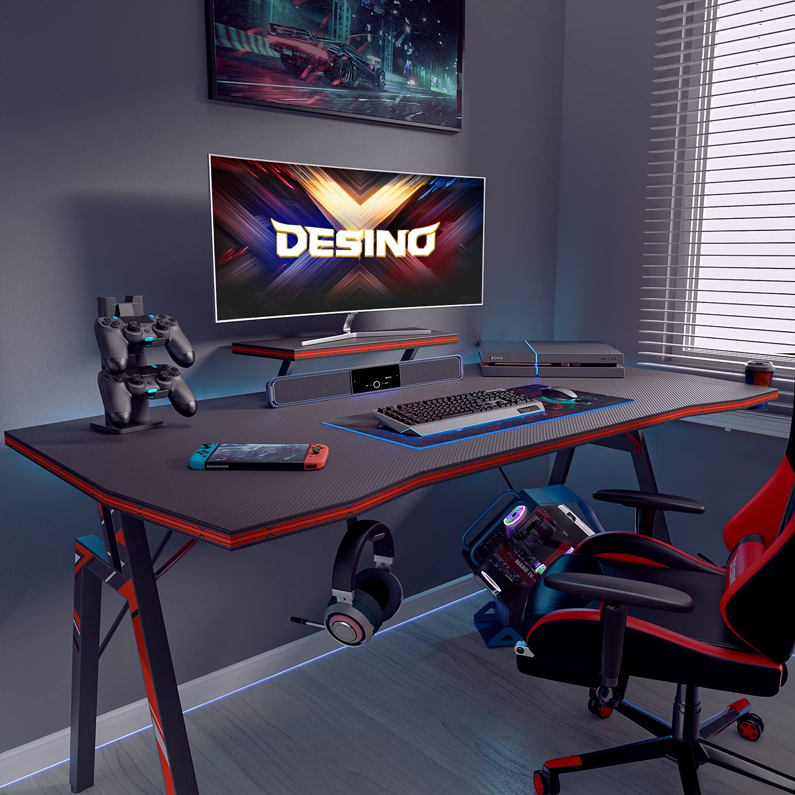 DESINO Gaming Desk 47 inch PC Computer Desk, Home Office Desk Table Gamer Workstation with Cup Holder and Headphone Hook, Black