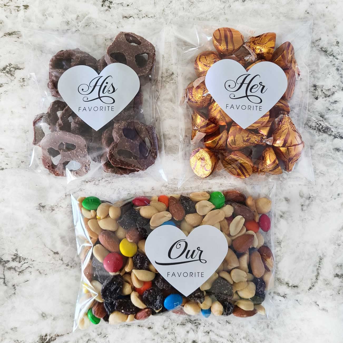 Heart Stickers His Her & Our Favorite Wedding Favors 2.27x1.88 Inch 105 Labels (Script 4 + 4x6 bags)