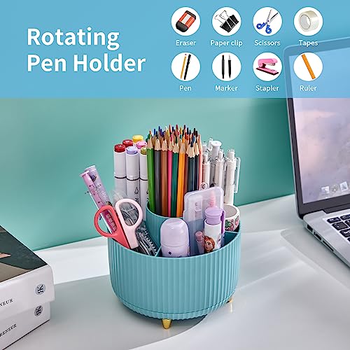 Marbrasse Desk Organizer, 360-Degree Rotating Pen Holder for Desk, Desk Organizers and Accessories with 5 Compartments Pencil Organizer, Art Supply Storage Box Caddy for Office, Home (Light Blue)