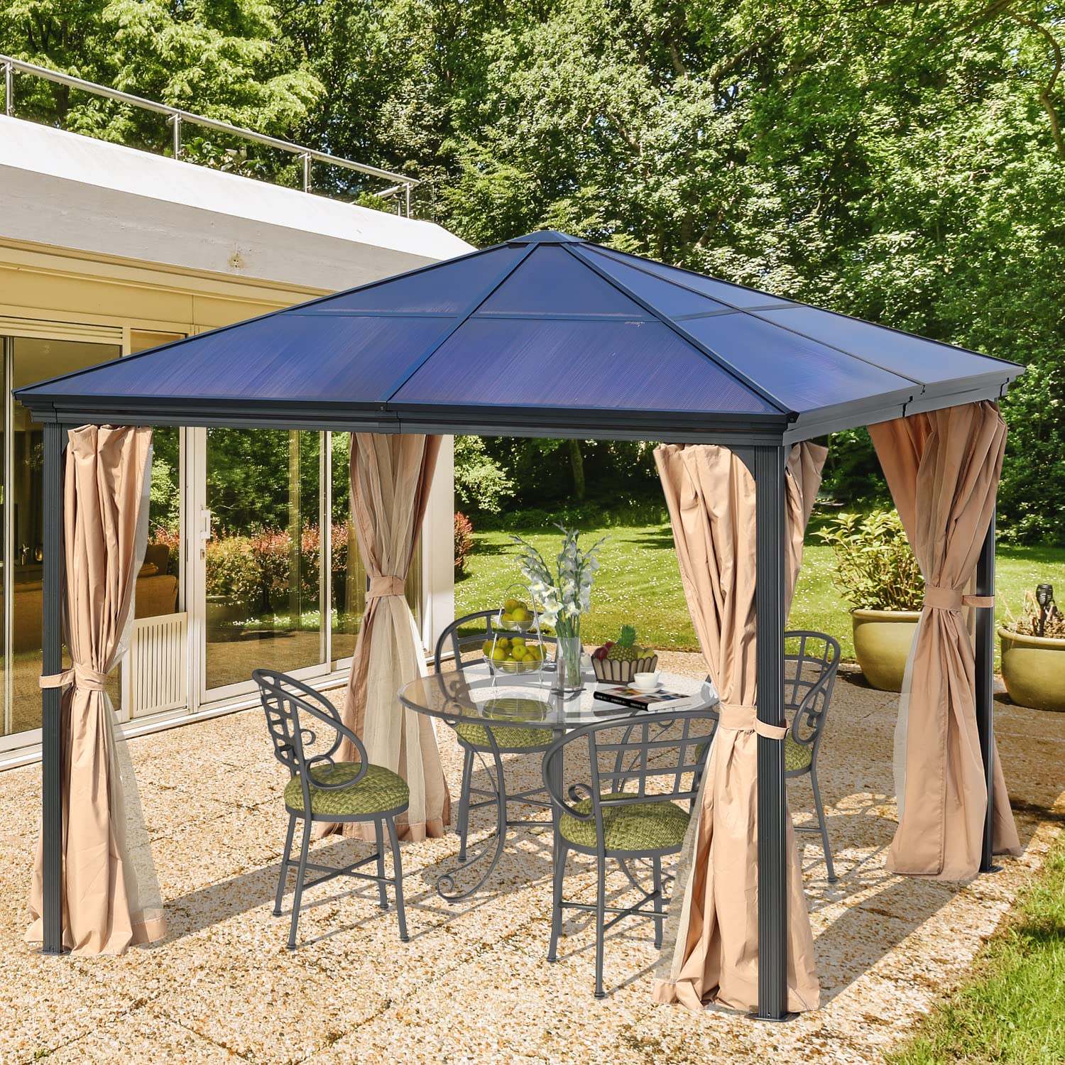COWVIE 10 x 10 FT Polycarbonate Roof Gazebo, Aluminum Frame Gazebo with Mosquito Netting and Curtains,Suitable for Patio, Backyard, Deck, Lawns