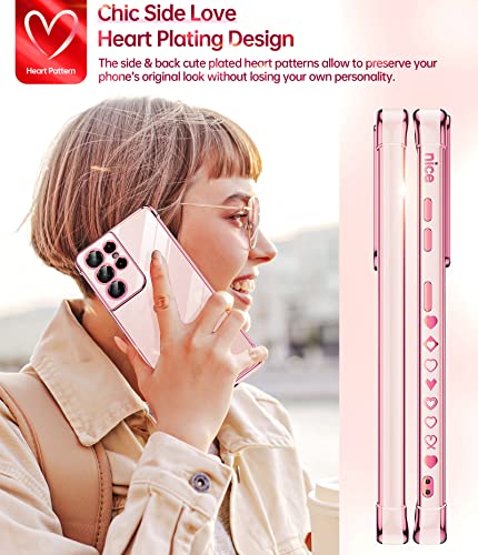 LeYi for S21 Ultra Case: with Full Camera Protection, Love Heart Plating Girly Women Cute Luxury Soft TPU Case for Samsung S21 Ultra, Pink