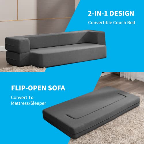 Mjkone 8.6 Inches Floor Sofa Bed Twin Size, Convertible Folding Sofa Bed, Sleeper Couch Bed with Memory Foam Mattress, Guest Bed for Living Room/Bedroom/Guest Room/Home Office (Dark Grey)