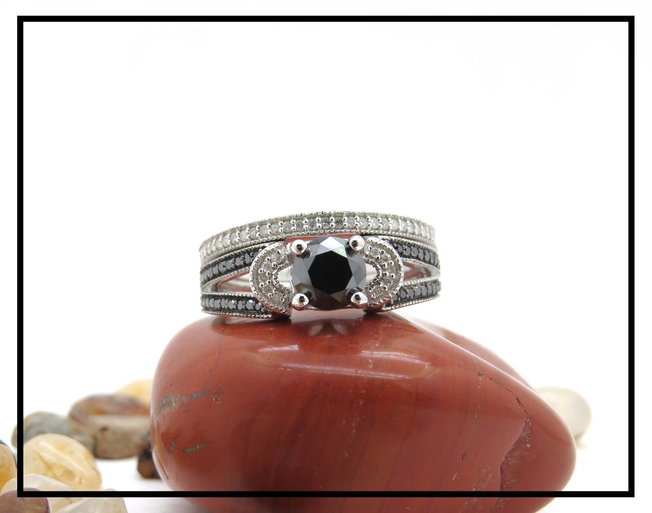 Dazzlingrock Collection 6mm Round Black Diamond & White Diamond Solitaire Style Collar Split Shank Wedding Ring Set for Her in 925 Sterling Silver Size 6.5