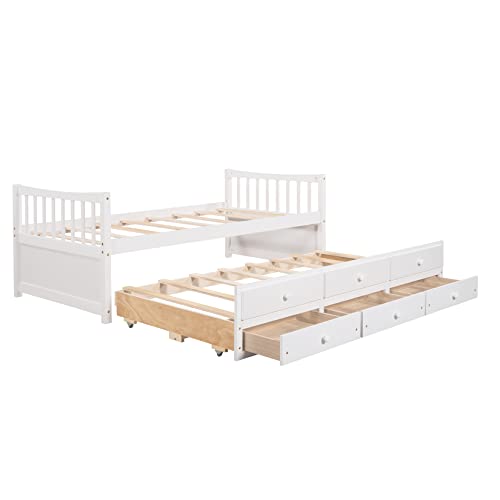 Twin Daybed with Trundle and Storage Drawers Wood Twin Size Bed Frame with 3 Drawers Wooden Platform Beds for Kids Boys Girls Teens, White