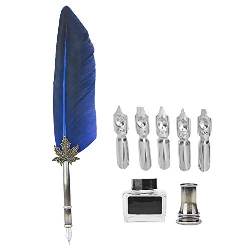 Vintage Feather Pen Set, Calligraphy Writing Quill Ink Dip Pen Writing Ink Set Stationery Gift Box(Blue)