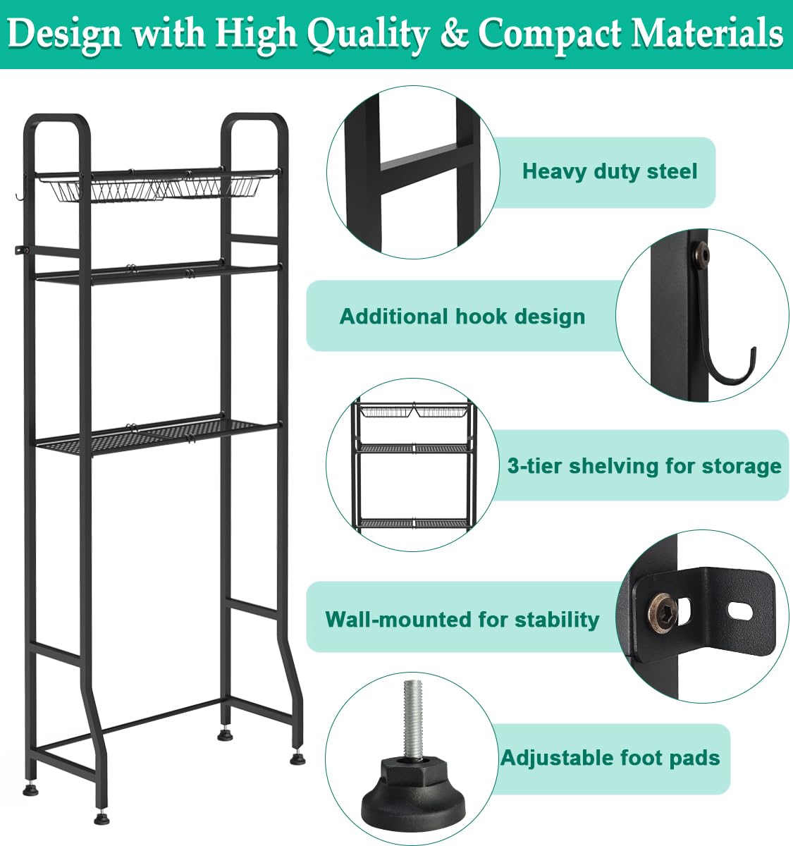 Khordin Over The Toilet Storage Shelf for Bathroom, 3-Tier Above Toilet Rack Bathroom Organizer with Adjustable Shelves and Hanging Hooks, Easy to Assemble & Space Saving, Black