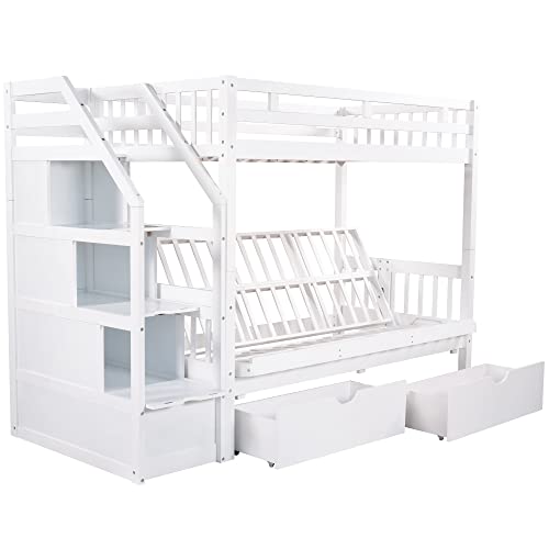 Twin Over Full Futon Bunk Beds with Stairs and Storage Drawers Convertible Wood Bunk Bed Frame Couch and Bed for Kids Boys Girl Adults Teens Dorm, White