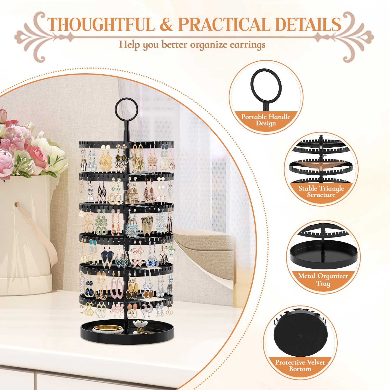 iDavosic.ly 6 Tier Rotating Earring Holder Organizer with Metal Tray, Adjustable Plastic Earring Display Stands Tree with 342 Grooves, Large Earring Storage Rack Tower for Hoop Dangle, Black