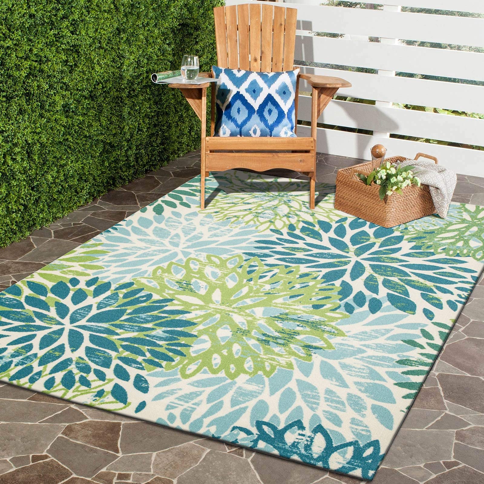DECOMALL Outdoor Rugs for Patio Deck Porch Balcony Backyard, Green Blue Flower, 5'x7'