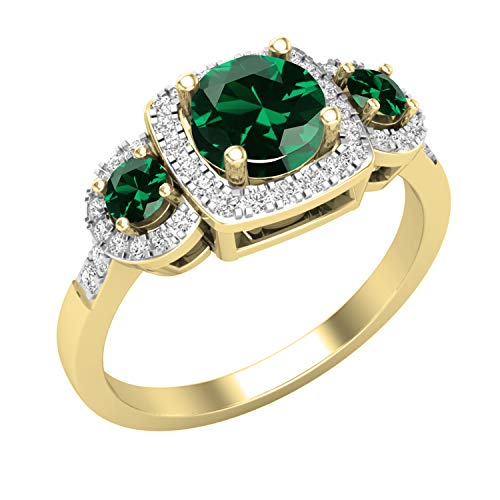 Dazzlingrock Collection Round Lab Created Emerald & Natural White Diamond Women 3 Stone Halo Style Engagement Ring, White Gold, Size 9.5