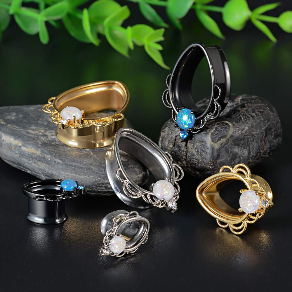 COOEAR 1 Pair Surgical Steel Ear Gauges Tear Drop Ear Tunnels and Plugs Fake Opal Earrings Stretcher.