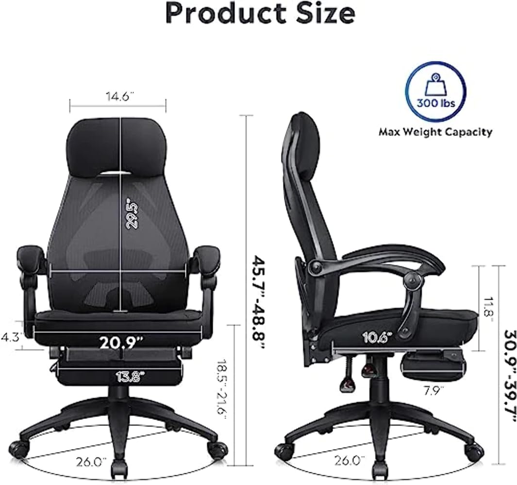 DEVAISE Ergonomics Recliner Office Chair, High Back Mesh Computer Desk Chair with Adjustable Lumbar and Footrest Support, Black