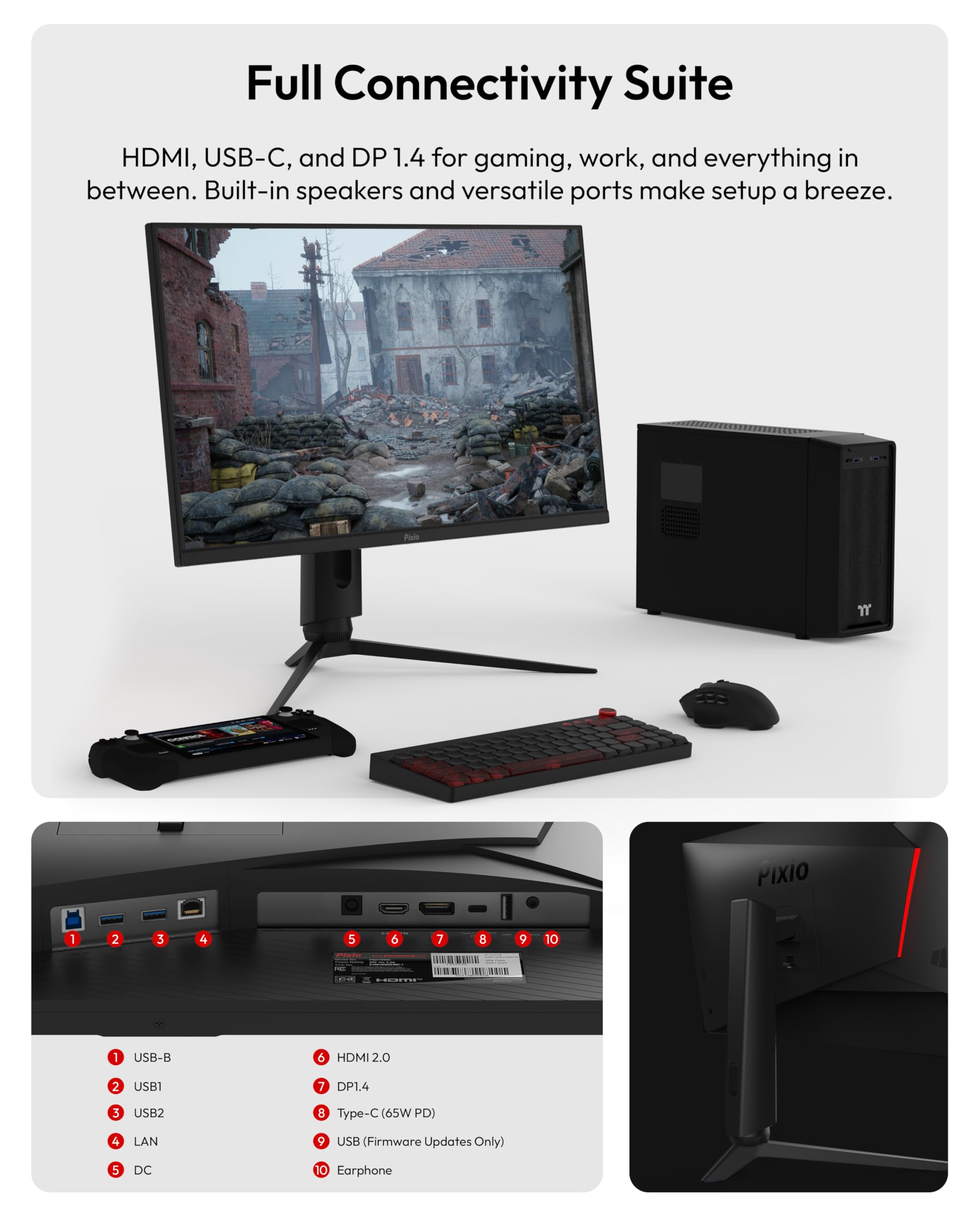 Pixio PX277 PRO 27 inch 165Hz Refresh Rate WQHD 1440p Resolution Fast IPS Panel 1ms GTG Response Time USB Type C Display Port and 65W Charging Adjustable Stand AMD FreeSync Premium HDR Gaming Monitor