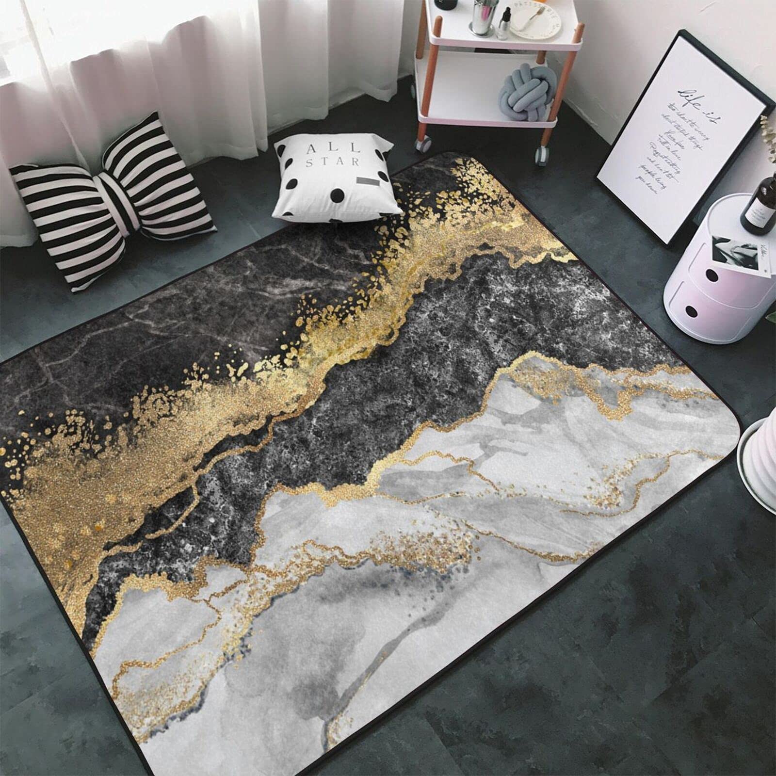 CUTEMAT Marble Black White Area Rugs for Bedroom/Living Room/Office. 84"x60" Floor Mats, Soft Non Slip Indoor Modern Carpets.