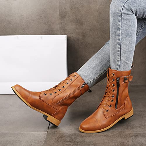 FASDNENDYS Boots for Women Low Heel Heel Side Motorcycle Chunky Boots Shoes for Women Zipper Cowboy Boots 1 Inch Heel Brown