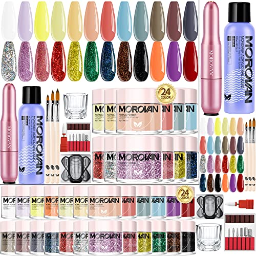 Morovan Acrylic Nail Kit With Everything - 24 Colors Glitter Acrylic Powder With Nail Drill Monomer Acrylic Nail Liquid Nail Kit Set Professional Acrylic With Everything DIY Supplies Nail Art Design
