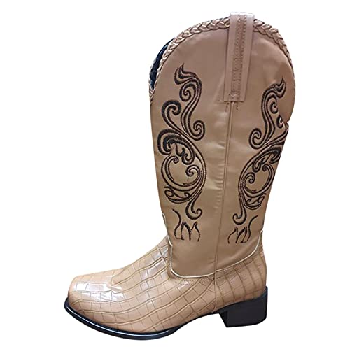 FASDNENDYS Boots for Women with Heel Booties Shoes Heels Women Retro Slip On Round Booties for Women Comfortable Beige