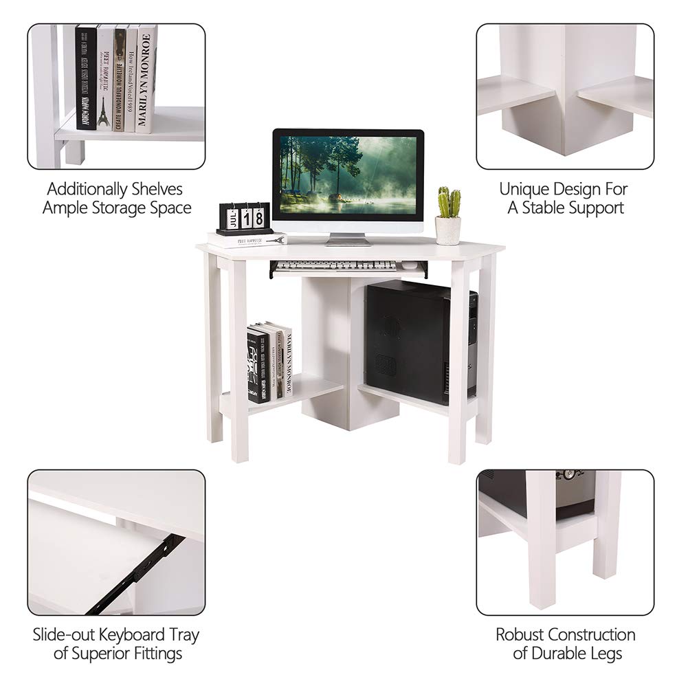 Corner Desk Writing and Study Corner Computer Desk with Keyboard Tray Storage Shelves,Wooden Compact Home Office Desk,47 inch, White