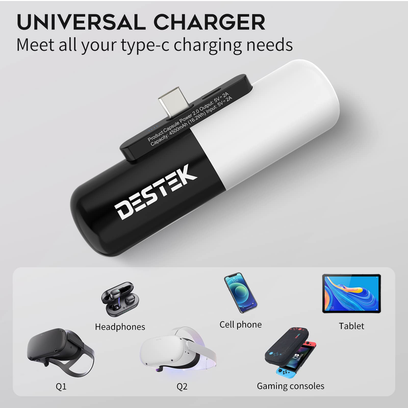DESTEK 4500mAh & 5V/2A Fast Charging Battery Pack Compatible with Oculus/Meta Quest 1/2/Pro, Extra 2hrs Playtime, Battery Extender Compatible with Elite Strap, VR Accessories