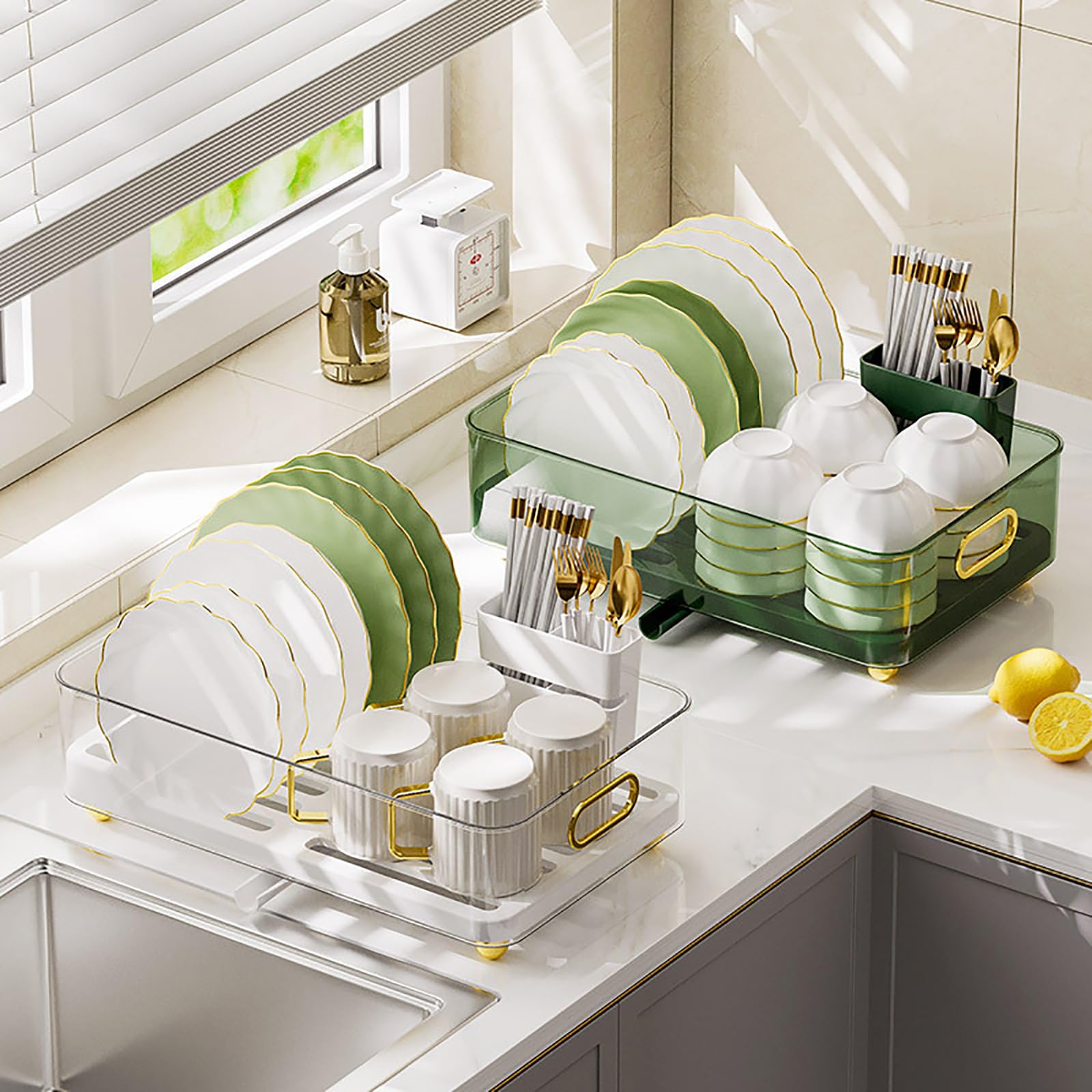 ENTERLIFE Plastic Dish Drying Rack for Kitchen Counter Rustproof Removable Cutlery Holder, Sink Organizer Dish Rack Drainboard ,Multifunctional Vegetable and Fruit Drain Rack(Clear)