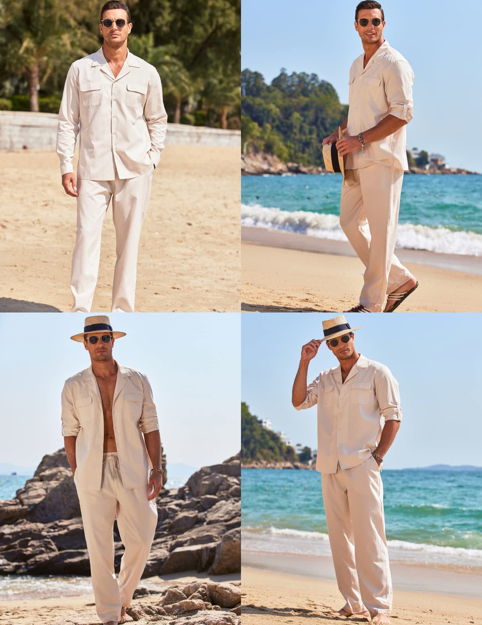 COOFANDY Men Beach Outfits Sets 2 Pieces Cotton Linen Button Down Shirt and Casual Loose Trousers Summer Suit