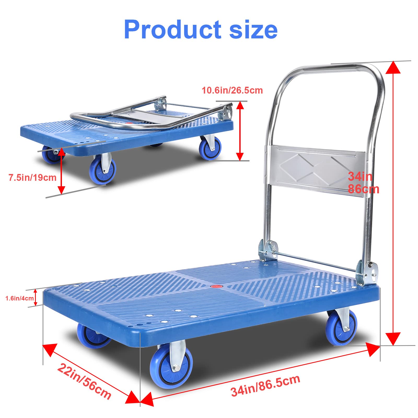 Heavy Duty Platform Hand Truck for Moving, Folding Flatbed Dolly with 360 Degree Swivel Wheels Foldable Push Hand Cart for Loading and Storage (L)