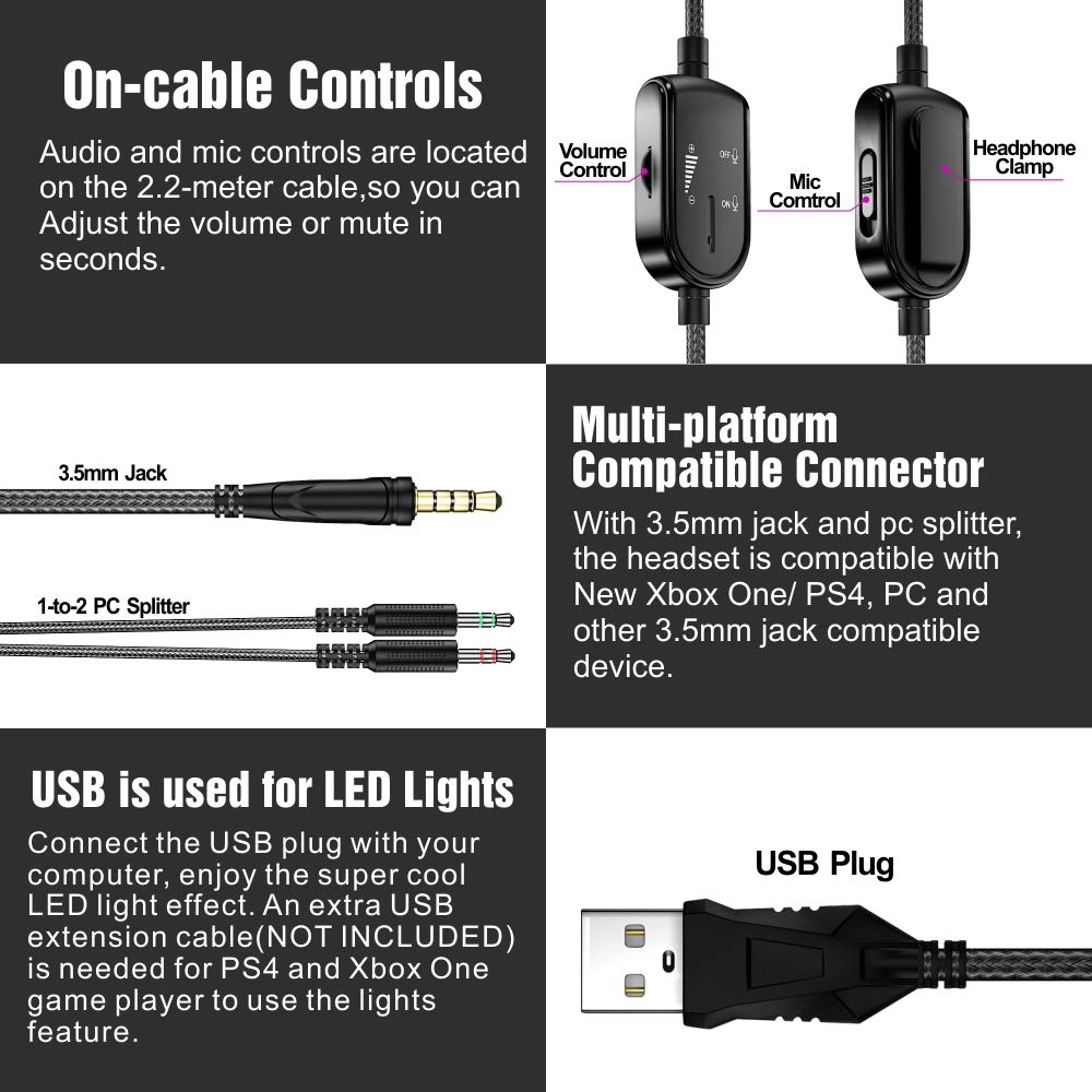 VersionTECH. Gaming Headset - Updated K8 Headset Gaming for PS4 New Xbox One, Stereo Over-Ear Headphones with Noise-canceling Microphone & LED Lights for PC Computer Mac Laptop Nintendo Switch Games