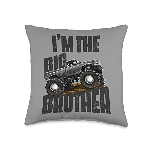 Vintage Monster Truck Tees I'm the Big Brother-Funny Monster Truck Throw Pillow, 16x16, Multicolor