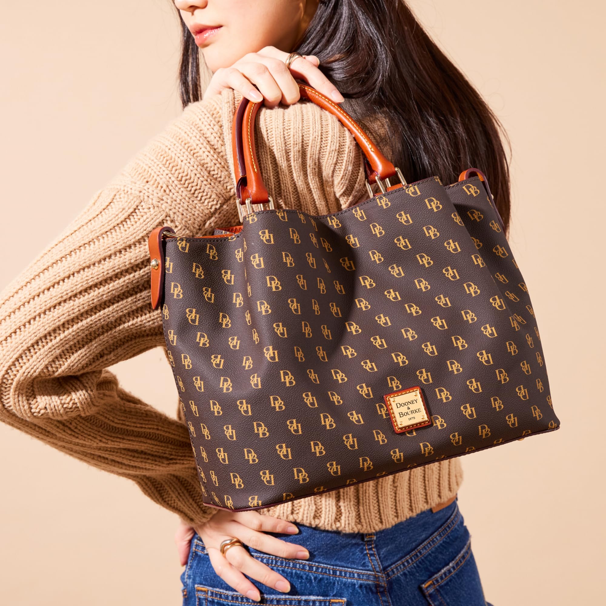 Dooney & Bourke Women's Gretta Brenna Satchel in Coated Cotton, Large Handbag with Adjustable & Detachable Shoulder Strap, Navy
