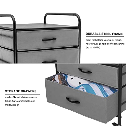 Mini Fridge Stand with Storage, KOZIDO 2-Tier Drawer Organization Rolling Cart for Mini Fridge, Dorm Fridge Stand with Grey Drawers, Metal Frame, Swivel Wheels