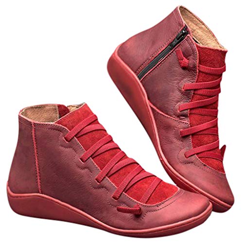 FASDNENDYS Leather Round Casual Lace-up Women's Boots Shoe Side Toe Flat Zipper Boots Boots Women Western Red