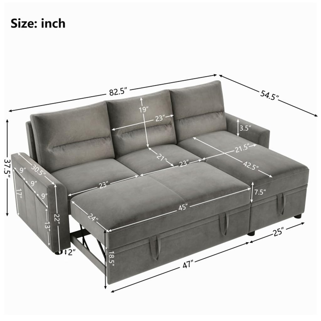 DOUBAO 82.5" Reversible Pull Out Sleeper Sectional Storage Sofa Bed with 6 Side Pockets, Corner Sofa-Bed with Storage Chaise