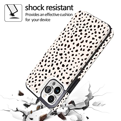 uCOLOR Compatible with iPhone 14 Pro Max 6.7" Wallet Case with Card Holder Folio Flip PU Leather Kickstand Card Slots Double Magnetic Clasp and RFID Blocking Cover 6.7 Inch (Almond Latte Polka Dot)